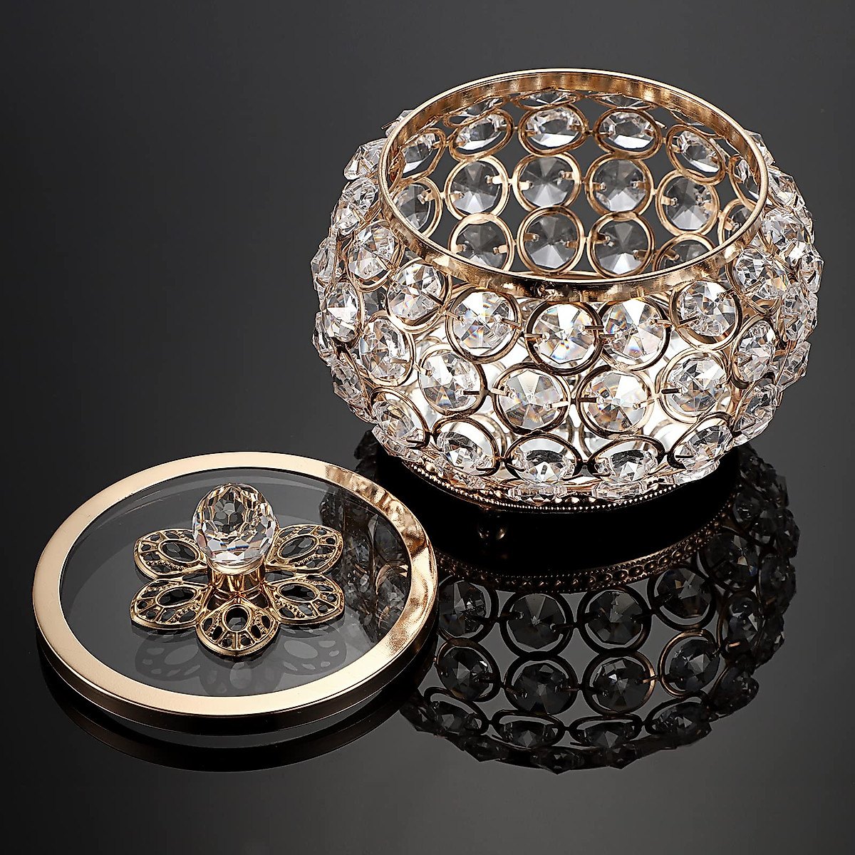 Hipiwe Crystal Jewelry Trinket Box with Glass Lid Gold Mirrored Treasure Box Decorative Jewelry Box Ring Earrings Necklace Storage Keepsake Box Gift for Women Girls