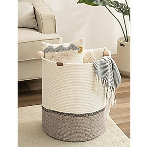 StorageWorks 58L Cotton Rope Laundry Basket with Wooden Beads Handles, Woven Basket for Storage, Dirty Clothes, Kids Toys, Towels, White & Light Brown