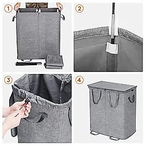 Lifewit Double Laundry Hamper with Lid and Removable Laundry Bags, Large Collapsible 2 Dividers Dirty Clothes Basket with Handles for Bedroom, Laundry Room, Closet, Bathroom, College, Grey and Blue