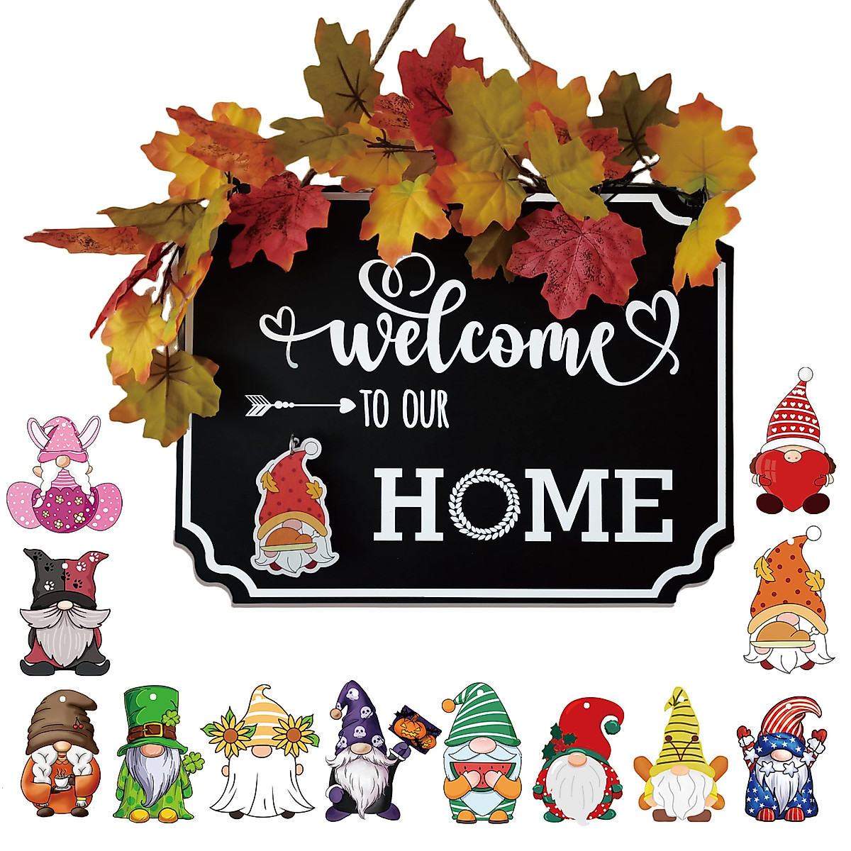 16 Inch Seasonal Welcome Sign Wreaths for Front Door with 12 Holiday Gnomes Interchangeable,Fall Decor Hanging Porch Door Signs,DIY Long Maple Garland (Black)