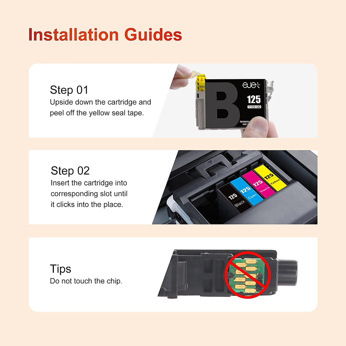 ejet 125 Remanufactured Ink Cartridge Replacement for Epson 125 T125 for Stylus NX125 NX127 NX230 NX420 NX530 NX625 Workforce 320 323 325 520 Printer (1 Black | 1 Cyan | 1 Magenta | 1 Yellow), 4 Pack