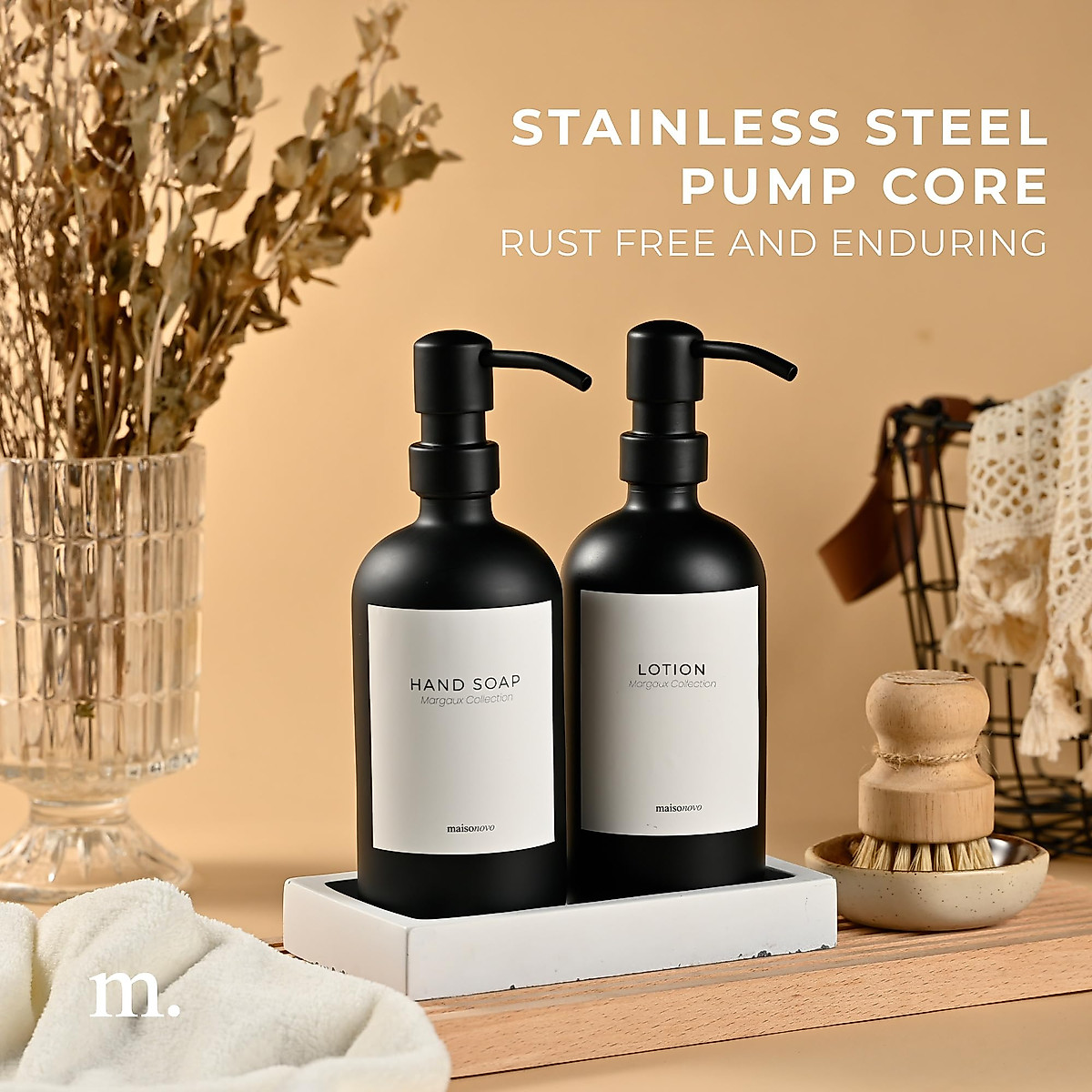 MaisoNovo Soap Dispenser 3-Piece Set | 16.9oz Black Bottles with Black Stainless Steel Pumps