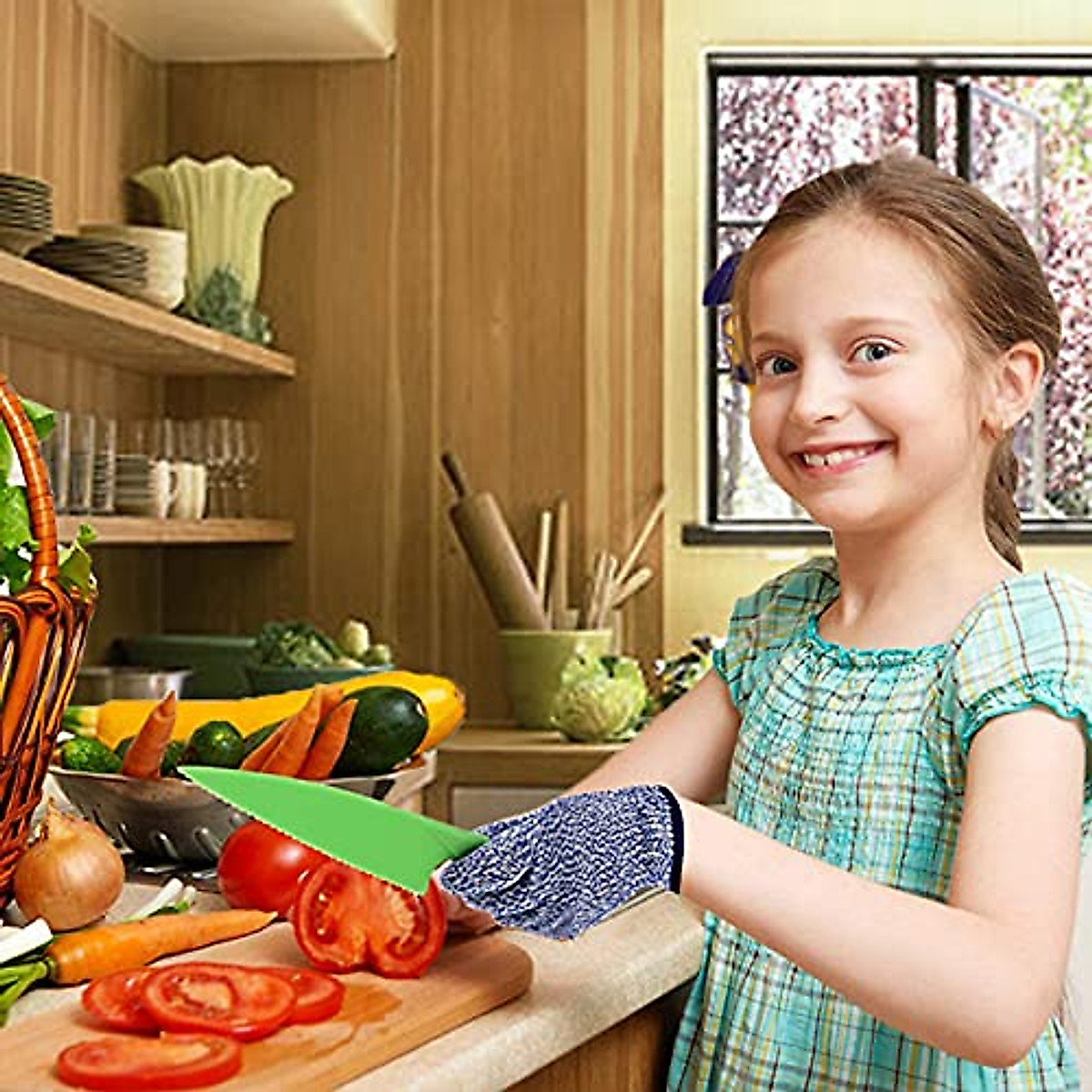 quirzx Kids Knife Set, 3PCS Kid Safe Knives with Cut Resistant Gloves (Ages 6-12), Serrated Edges, BPA-Free, Plastic Kitchen Kids Knives for Real Cooking & Cutting Fruit, Vegetable, Bread, Cake