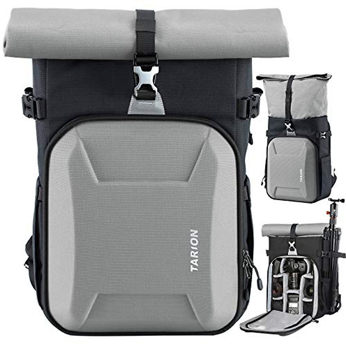 TARION XH Camera Bag Hard Shell Camera Backpack Hardcase Camera Bag Roll Top DSLR Backpack Bag with 15" Laptop Compartment Waterproof Raincover for Cameras Lens Tripod Outdoor Men Women Color Silver