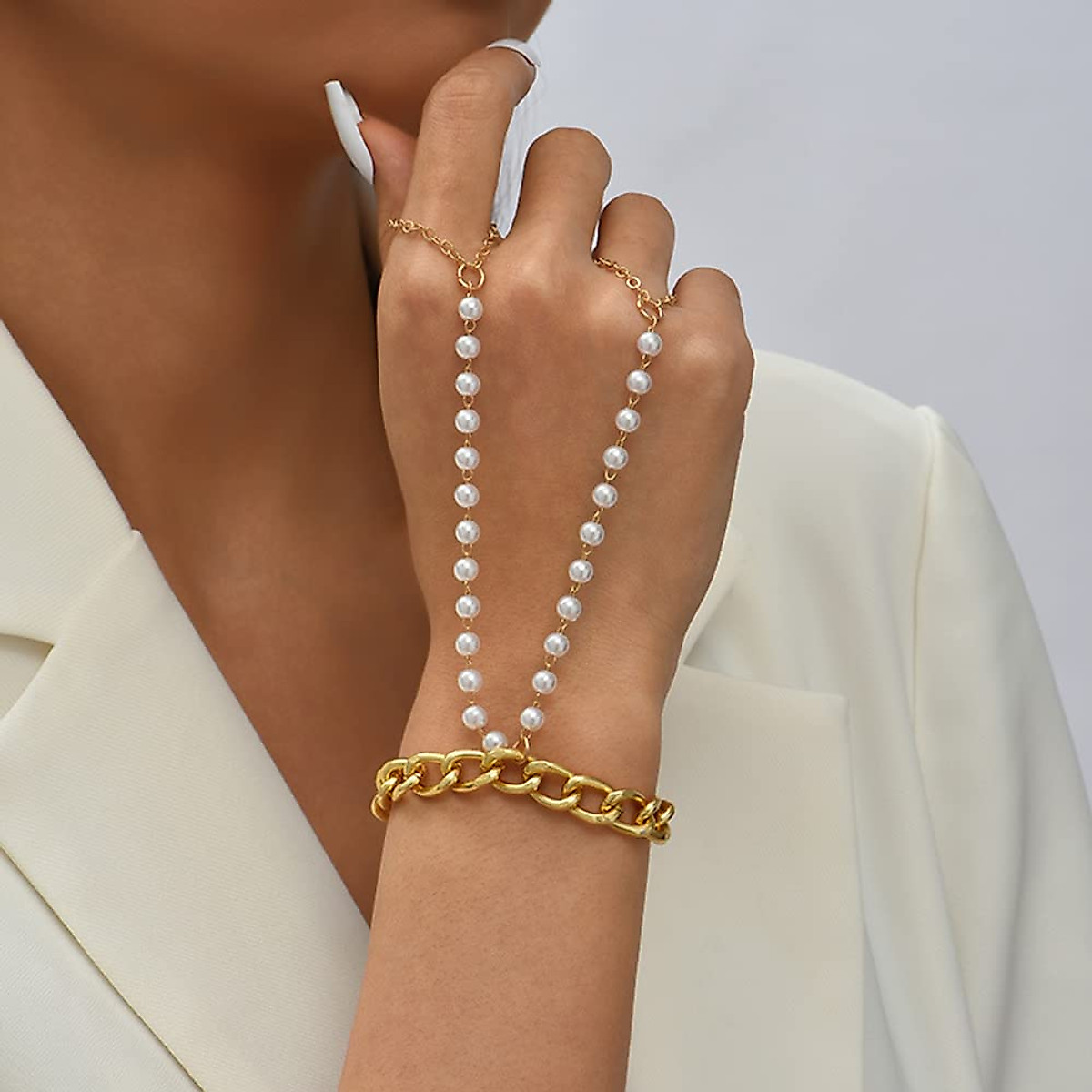 Jumwrit Pearl Finger Ring Bracelet Hand Harness Slave Chain Bracelet Gold Silver Link Hand Chain Bracelet Love Heart Butterfly Bracelet for Women and Teen Girls(Style 3)