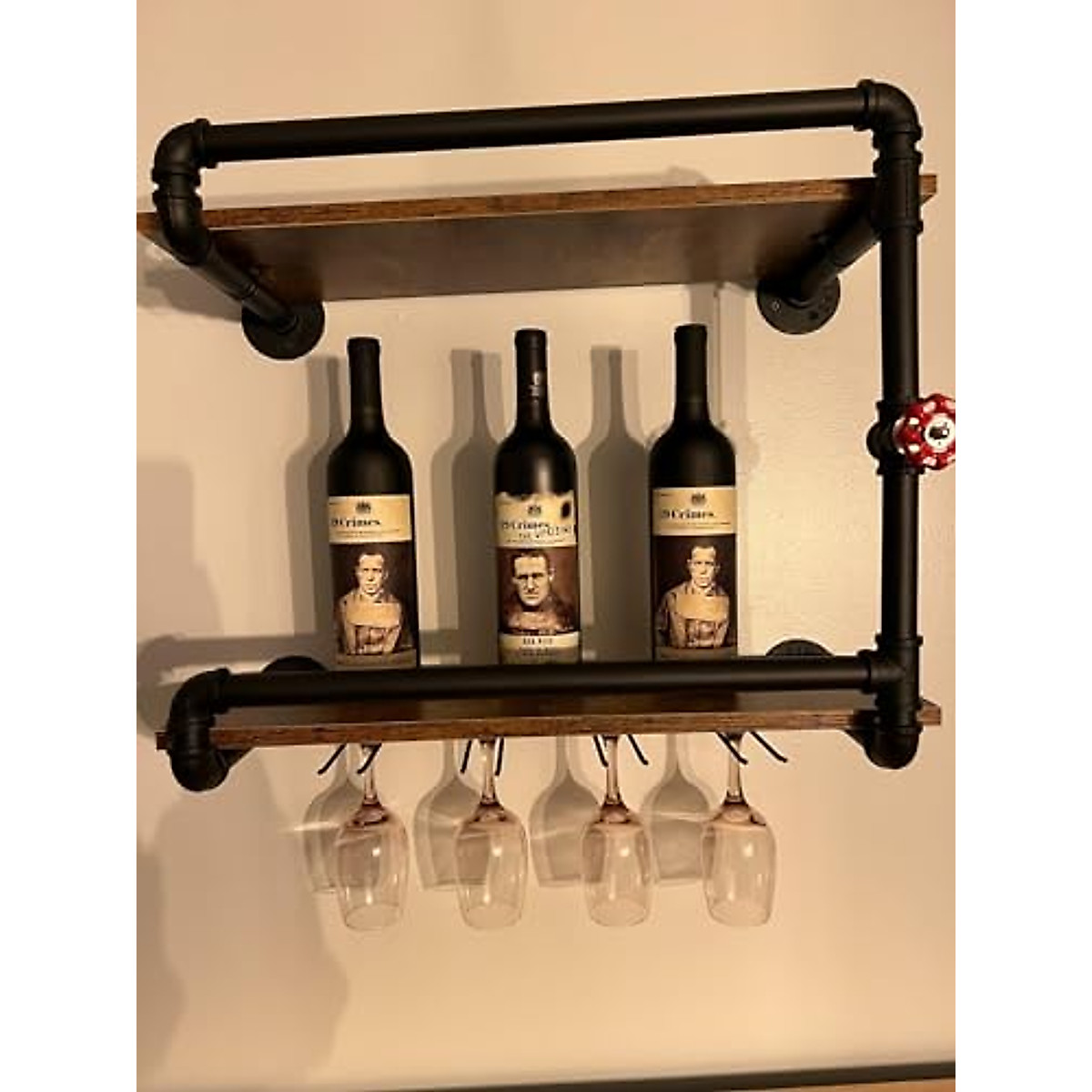 BOTAOYIYI Wine Rack Wall Mounted 2 Tier, Hanging Floating Small Mini Bar Liquor Shelves with Glass Holder Storage Under, Industrial Rustic Pipe Farmhouse Kitchen Decor Black(23.6x10.6x19.7)
