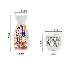 Japanese Maneki Neko Ceramic Sake Set ~ 5 Piece Sake Set (Included 1 TOKKURI Bottle 200ml and 4 OCHOKO Cups) with Cute Japanese Lucky Fortune Cat Pattern