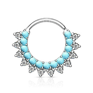 Covet Jewelry Turquoise and CZ Double Lined Bendable Hoops for Ear Cartilage, Daith, Nose Septum and More (16 GA, Length: 8mm, Platinum)