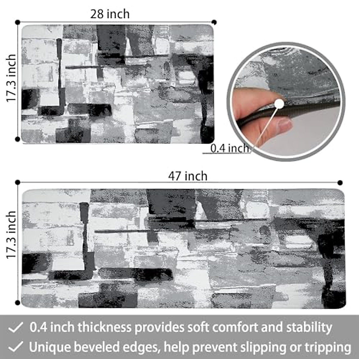 Black Grey Kitchen Rugs Mats Set 2 Pieces Abstract Modern Art Cushioned Anti-Fatigue Kitchen Rug Waterproof Non Slip Comfort Heavy Duty Standing Floor Mat Carpets for Kitchen Laundry, 17"x47"+17"x28"