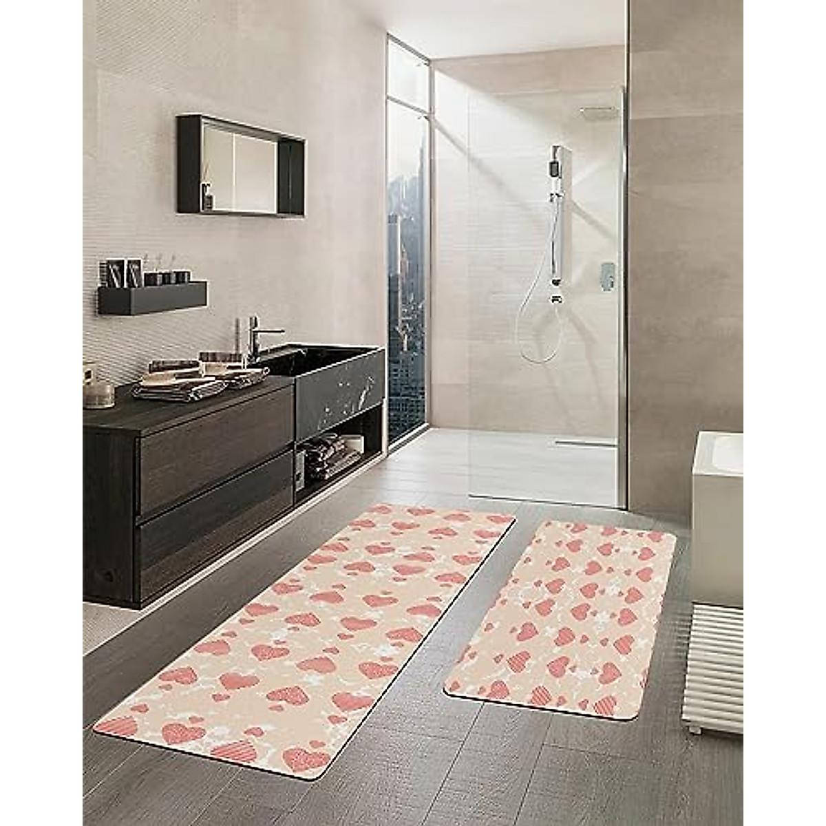 Geometric Love Stripes Bath Mat for Tub,Non Slip Bathroom Floor Runner Rug Quick Dry & Absorbent Diatomaceous Earth Shower Sink Kitchen Washable Doormat,Abstract Minimalistic Aesthetic Art 20x24+20x48