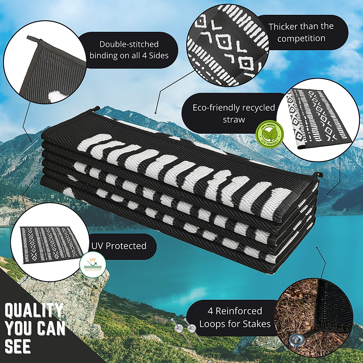 Glamplife Recycled Plastic Rug, 9x12 Rv mat, Black and White Camping Rugs for Outside Your RV, Large Indoor Outdoor Rugs for Awnings, Patio Rug, Outdoor Carpet Waterproof