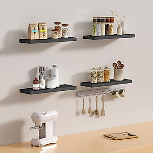 VOGGV Black Floating Shelves for Wall, Wall Mounted Shelves with Invisible Brackets, Wall Shelves for Bathroom, Bedroom, Office, Living Room, Kitchen, Shelves for Wall Decor Storage, Set of 4