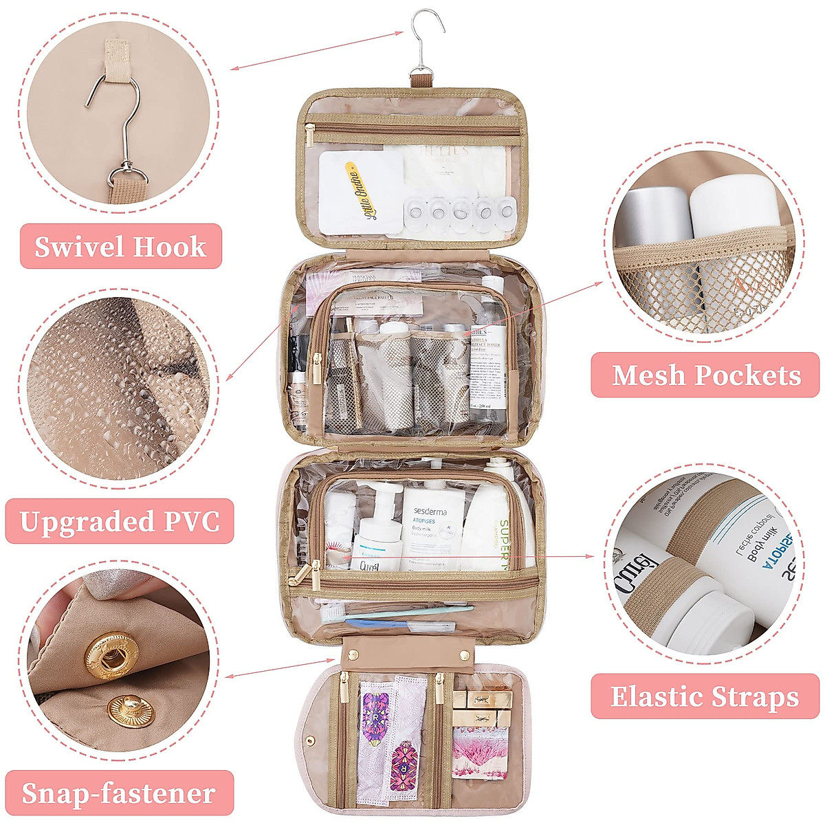 YAMIU Toiletry Bag for Women, Travel Toiletry Bag with 5 Spacious Compartments & 360° Rotatable Stainless-steel Hook, Water-resistant Hanging Toiletry Bag for Toiletries, Cosmetics