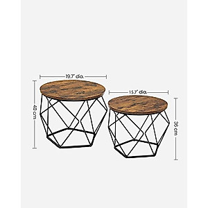 VASAGLE Small Coffee Table Set of 2, Round Coffee Table with Steel Frame, Side End Table for Living Room, Bedroom, Office, Rustic Brown and Black