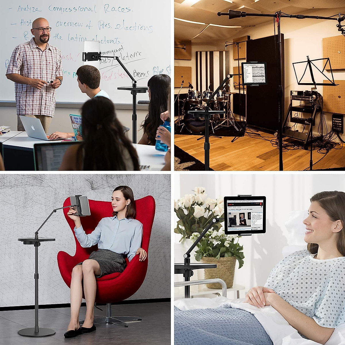 KSW KINGDO Tablet Floor Stand,Adjustable Height Swivel Tablet Holder Mount with Heavy Duty Stable Base Compatible iPad Pro Mini Air 12.9/9.7,Galaxy,Tab,Kindle,iPhone,Cellphones,Up to 13''tablets-Black