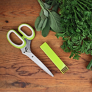 RSVP International (SNIP) Stainless Steel 5 Blade Herb Scissors, Green/White | Cut, Chop, Mince & Snip Herbs | Easy & Safe to Store | Use with Basil, Thyme, Parsley & More | Dishwasher Safe