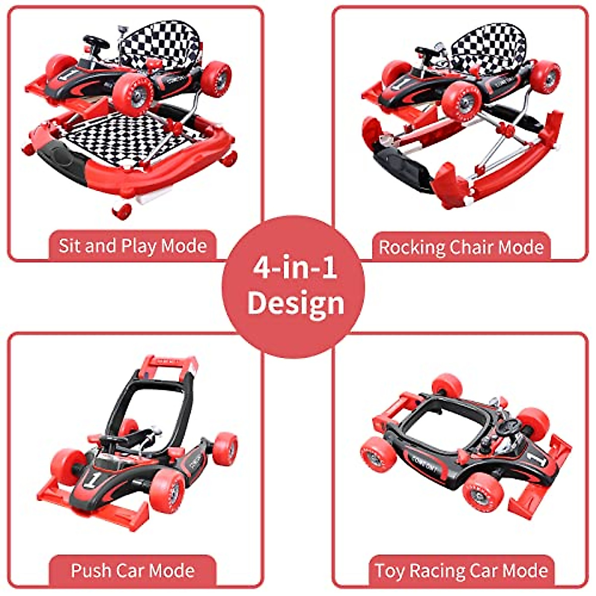 Baby Walker, 4-Mode＆4-Gear Height Adjustable Baby Walker with Wheels, Foldable Baby Walkers and Activity Center with Foot Pads, Infant Toddler Walker, Baby Walkers for Baby Boys and Girls 6-24 Months