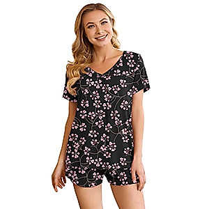 POKWAI Womens Pajama Sets Shorts Summer Soft Pj Set Ladies Pajamas 2 Piece Sleepwear(Flower Gypsophila Black,Large)
