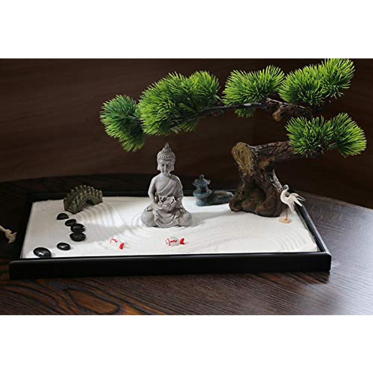 Japanese Tabletop Meditation Zen Garden Gift - Tabletop Rock Sand Meditating Garden Bridge Bamboo Rakes Bonsai Tree Plant Pagoda Accessories Tools Kits Office Home Desktop Relaxation Sandbox Decor