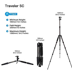 SIRUI Carbon Fiber Travel 5C Tripod 54.3 inches Lightweight Portable Camera Tripod with Ball Head and Arca Swiss Plate Load Capacity Up to 4kg