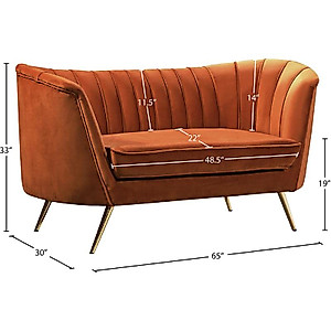 Meridian Furniture Margo Collection Modern | Contemporary Velvet Upholstered Loveseat with Deep Channel Tufting and Rich Gold Stainless Steel Legs, Cognac, 65" W x 30" D x 33" H