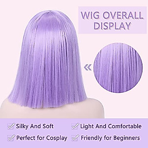 WIGER Purple Bob Wigs Straight Purple Wig with Hair Bangs Short Bob Wigs Shoulder Length Bob Wig Synthetic Hair for Women Cosplay Wig