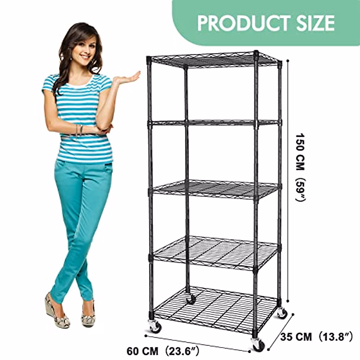 Pusalxl NSF Certified Storage Shelves Heavy Duty Steel Wire Shelving Unit with Wheels and Adjustable Feet Used as Pantry Shelf Garage or Kitchen Shelving - (13.8"x23.6"x59" 5-Tier)