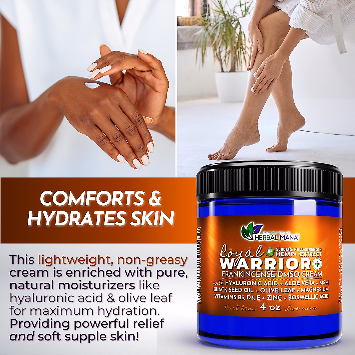 Herbal Mana Royal Warrior with 5000mg Hemp Lotion - 99.9% Pure DMSO Cream, Magnesium & Frankincense Essential Oil - Organic MSM Muscle & Foot Relaxer, Skin Vitality, Nerve & Neck Relief Massage Cream