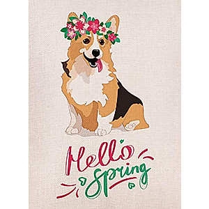 Spring Corgi with Flower Garden Flag Vertical Double Sided 12.5x18 Inch Burlap Rustic Farmhouse Yard Outdoor Flag Décor