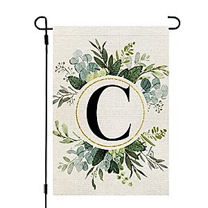 CROWNED BEAUTY Monogram Letter C Garden Flag Floral 12x18 Inch Double Sided for Outside Small Burlap Family Last Name Initial Yard Flag CF765-12