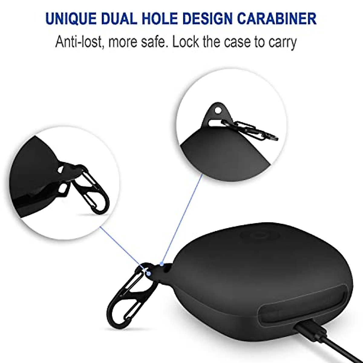 HIETON Silicone Case for Powerbeats Pro, Anti-Break Anti-Lost & Shockproof Easy Carrying Unique Dual Hole Portable Protective Case Cover with Carabiner for 2019 Newest Beats Powerbeats Pro(Black)