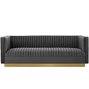Modway Sanguine Vintage Glamour Channel Tufted Performance Velvet Upholstered Sofa in Gray