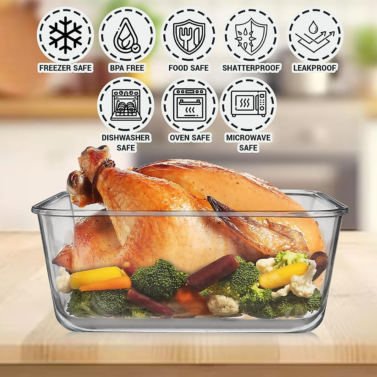 Razab 14 Cup/ 112 oz LARGE Glass Food Storage Container Locking Lid. For Storing food, Vegetables or Fruits. Baking Casserole, Lasagna, Baking, Roasting chicken & lot of other tasty Food BPA Free