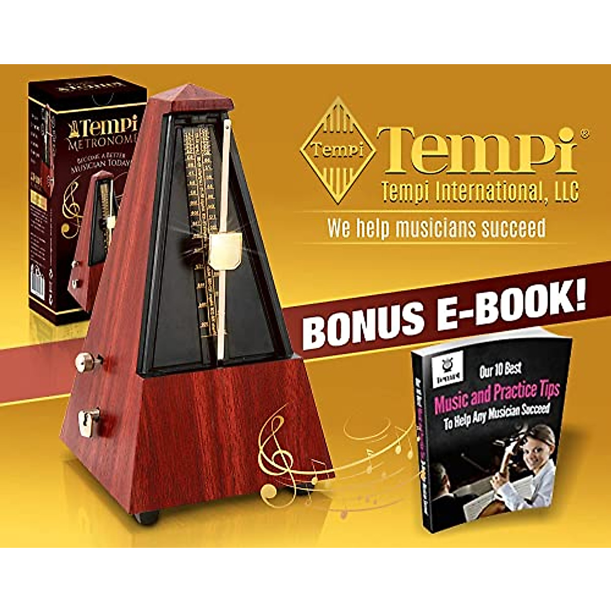 Tempi Mechanical Metronome for Musicians - 2 Year Warranty - Metronome for Piano/Guitar/Violin, Metronome Music for Adults and Kids (Molded Teak Grain Veneer)