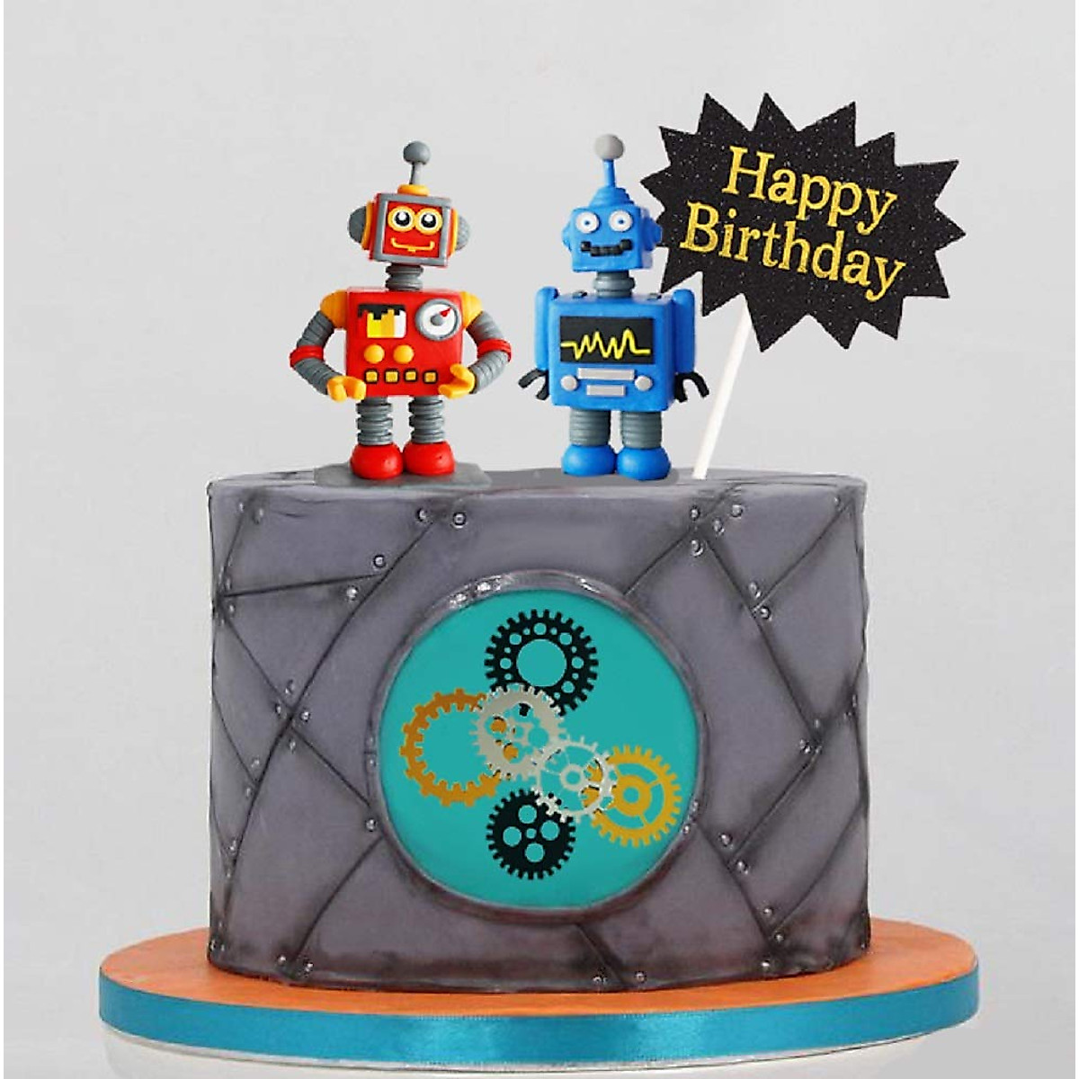 JeVenis Robot Cake Topper Robot Happy Birthday Cake Decoration Gear Cake Topper