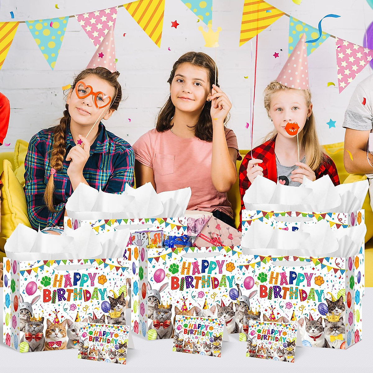 Cat Birthday Gift Bag Cat Birthday Decorations Pet Birthday Supplies with Cat Wrapping Paper and Greeting Card Meow Birthday Party Decorations for Kids Baby Shower Birthday Christmas Decorations Party Supplies