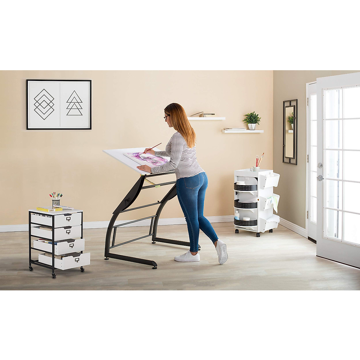 SD STUDIO DESIGNS Triflex Drawing Table, Sit to Stand Up Adjustable Office Home Computer Desk, 35.25" W X 23.5" D, Charcoal Black/White