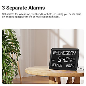 11.5” Digital Wall Clock with Date,Time,Week,Indoor Temperature,3 Alarms,5 Dimmer,2 USB Chargers,Battery Backup,Snooze,12/24H for Elderly,Parents,Impaired Vision,Dementia,Memory Loss,Office,Bedroom