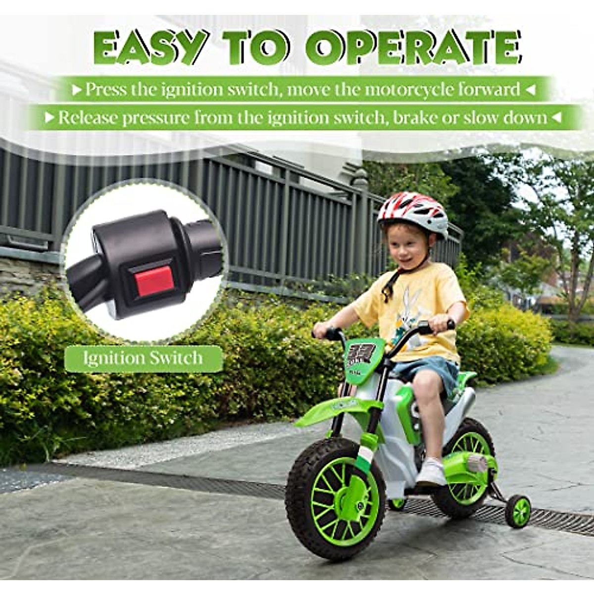 TOBBI Electric Motorcycle for Kids 12V Dirt Bike Ride on Toy Battery Powered Motorbike Off-Road Motocross Kid Motorized Vehicles w/ 2 Speeds, 35W Dual Motors, Training Wheels, Green