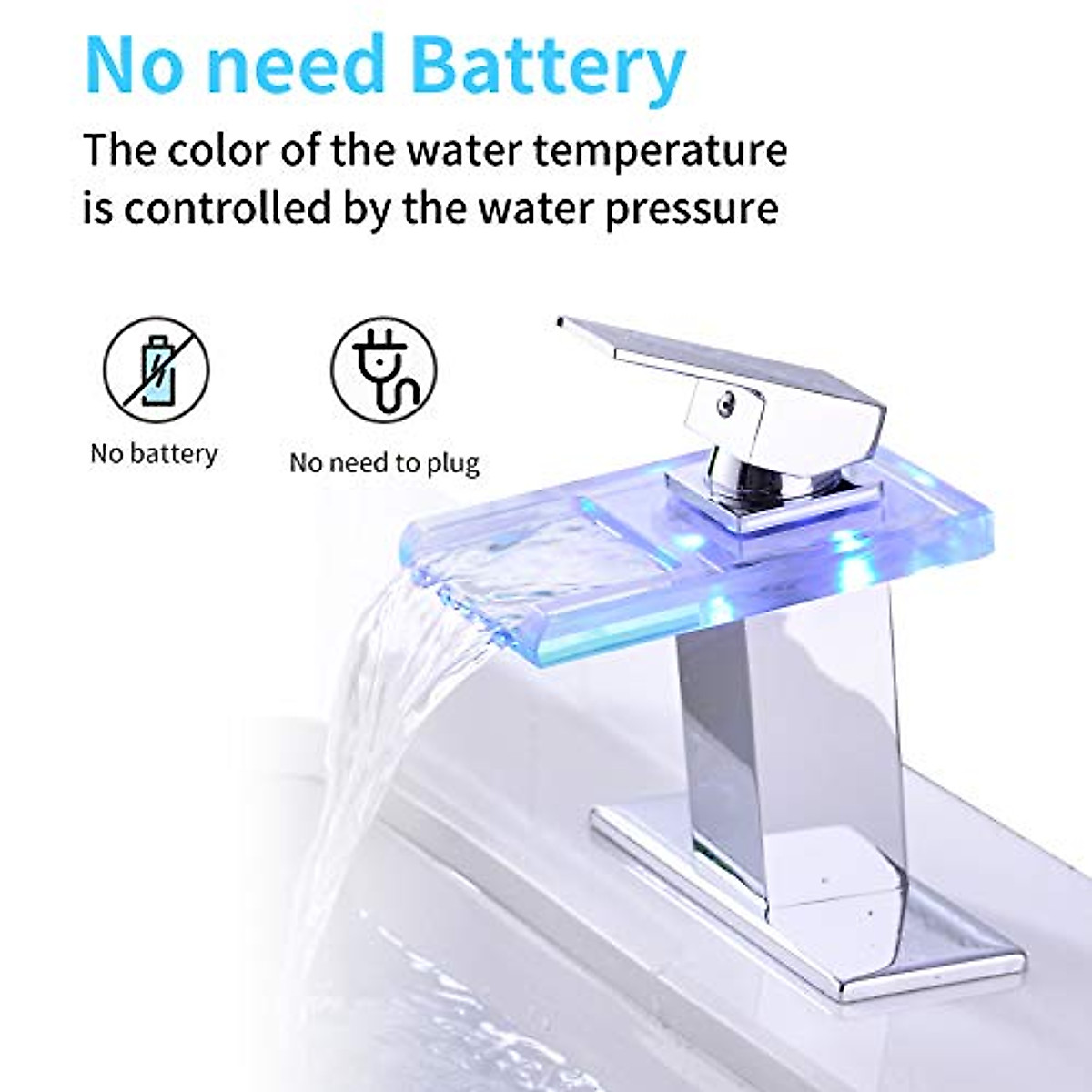 Qeemee LED Light Bathroom Sink Faucet, 3 Colors Changing Waterfall Glass Spout Faucet, Single Handle Single Hole Cold and Hot Water Mixer Vanity Sink Tap (Chrome)