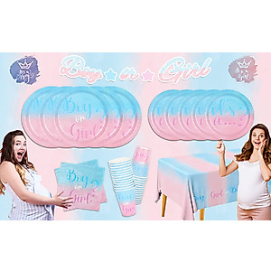Baby Gender Reveal Party Supplies, Boy or Girl Disposable Paper Plates Napkins Cups Tablecloth for Baby Shower Decorations, Serve 25