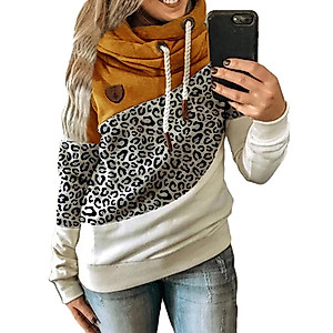 Janepam Women Sweatshirt Hoodie Plus Size Fleece Lined Leopard Spotted Dot Color Block Funnel Cowl Neck Drawstring Loose Hood Tops(C Yellow,3XL)
