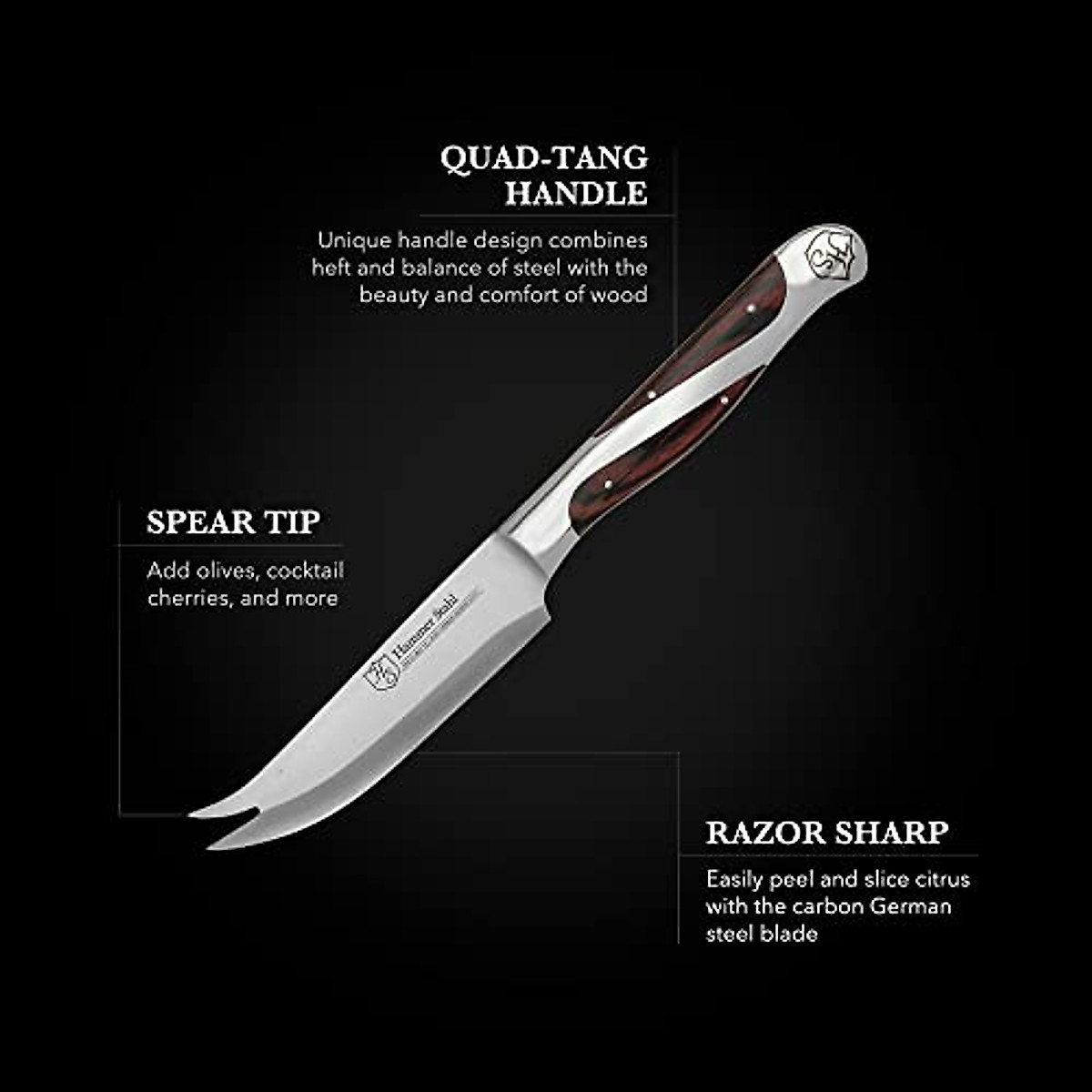 Hammer Stahl Bar Knife | Professional Bartender Knife for Garnishing, Cocktail Crafting & Citrus Peeling | High Carbon Stainless Steel Citrus Knife | Ergonomic Quad-Tang Pakkawood Handle & Gift Box
