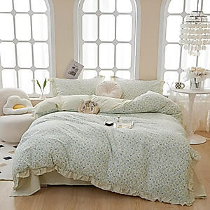 MKXI Princess Floral Comforter Set Ruffled Comforter Wildflowers Patern Full Size Cute Artistic Bedding Set Light Green Bed Comforter for Girls Blue Flowers Bedding Comforter Duvet Set