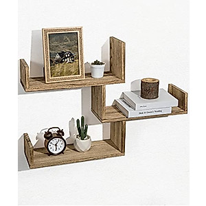 Maxpeuvon Corner Floating Shelves, Wooden Wall Mounted Rustic Farmhouse Organizer Display Pictures Plants Storage Shelf Home Decor for Office, Living Room, Set of 3, Brown