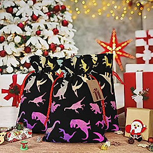 Drawstrings Christmas Gift Bags Fun-Dinosaur-Rainbow Presents Wrapping Bags Xmas Gift Wrapping Sacks Pouches Medium