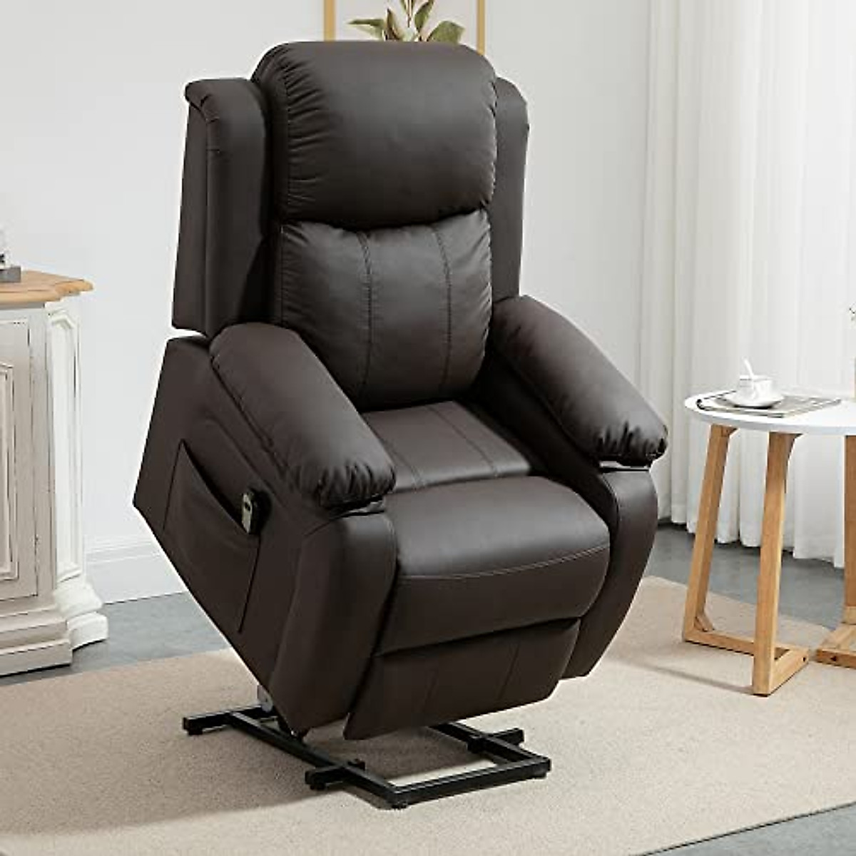 HOMCOM Living Room Power Lift Chair, PU Leather Electric Recliner Sofa Chair for Elderly with Remote Control, 3 Positions, Side Pockets, Extended Footrest, Brown