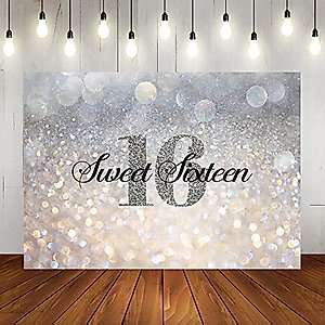Lofaris Sweet 16 Birthday Party Backdrop Shiny (No Glitter) Silver White Bokeh Golden Spots Princess Sixteen Background Girls 16th Birthday Decorations Cake Table Banner 7x5ft