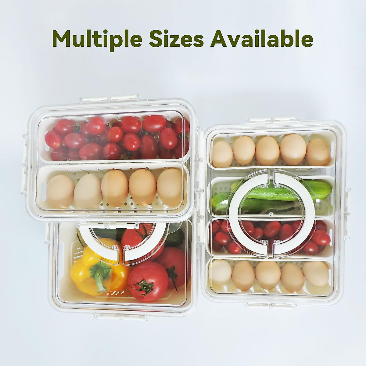 LEEHEZLY Food Storage Container for Fridge, Portable White Plastic BPA-free Box, Divided Serving Tray with Lids and Handle, Keep Fruits and Vegetables Fresh with 4 Removable Colanders (Short)