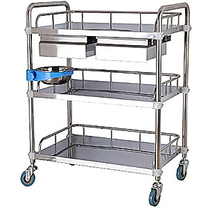 Utility Cart Lab Serving Cart, Medical Cart 3-Tier Medical Trolley with Drawers and Dirt Bucket,Assemble Small Surgical Cart for Lab Equipment,Detachable Stainless Cart Load 100 Kg ( Size : Large )